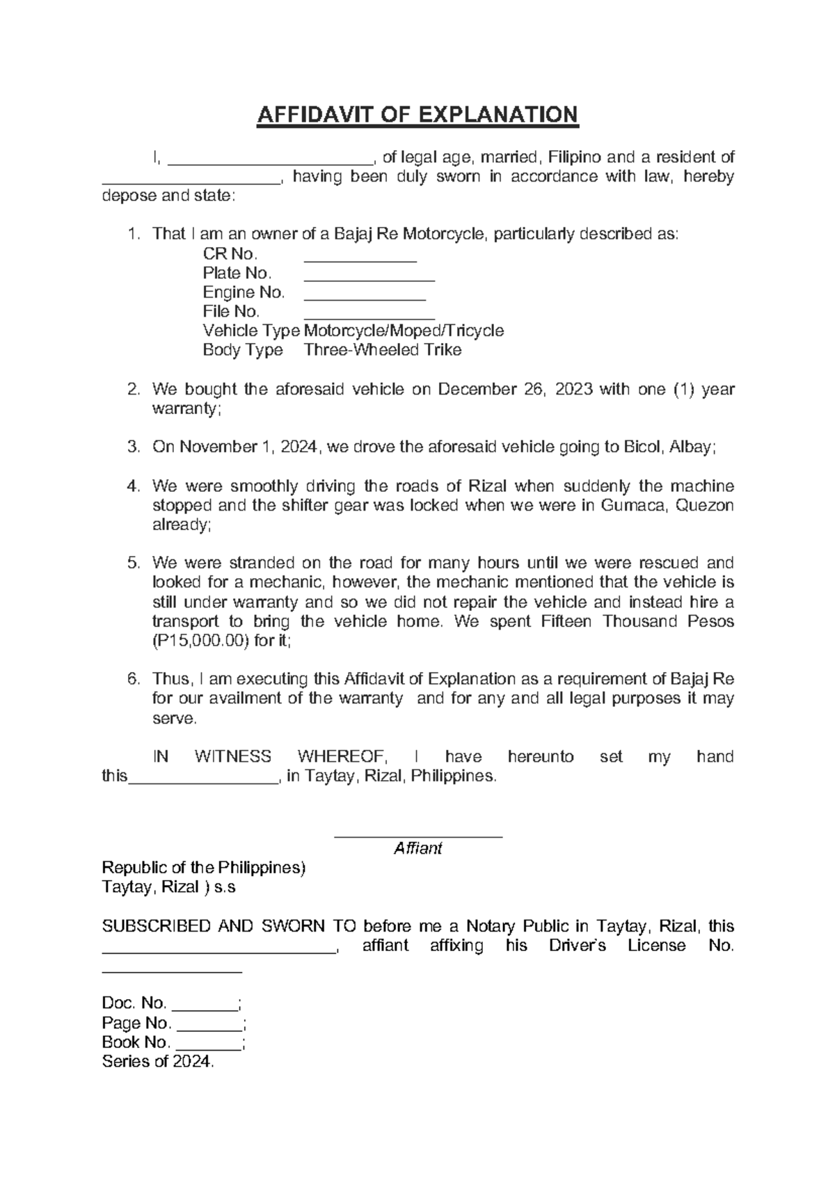 Affidavit of explanation warranty:insurance - AFFIDAVIT OF EXPLANATION ...