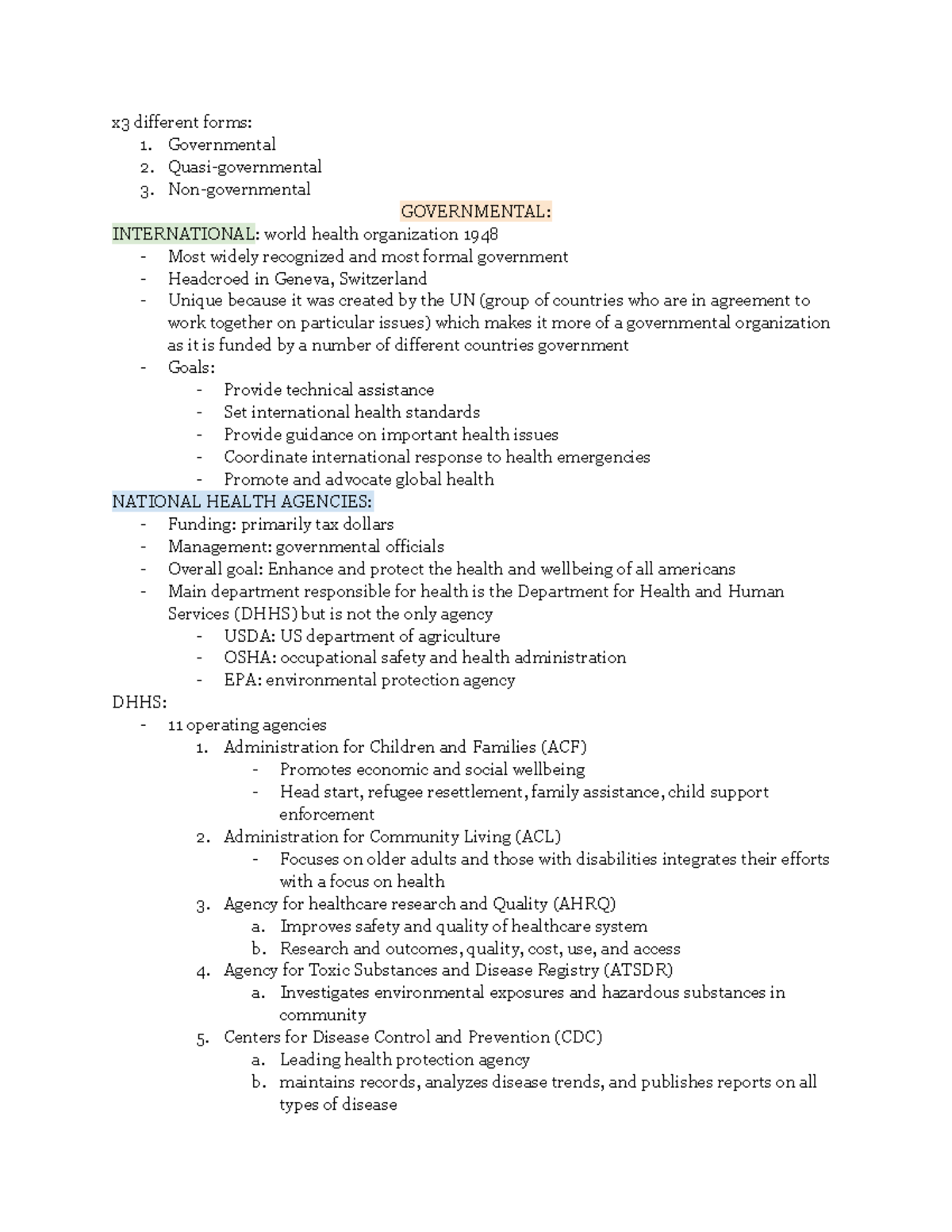 Public Health Organizations Notes - x3 different forms: 1. Governmental ...