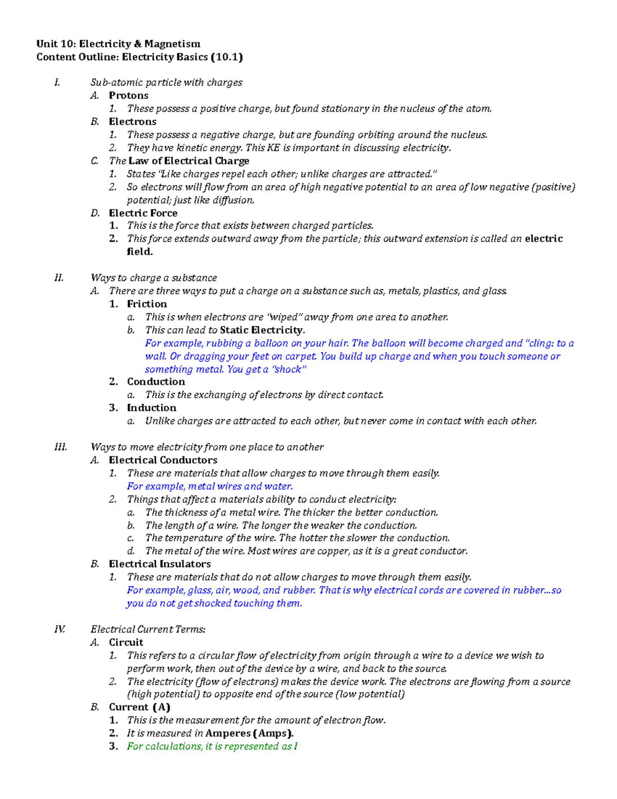 10 - IPC Activity - Unit 10: Electricity & Magnetism Content Outline ...