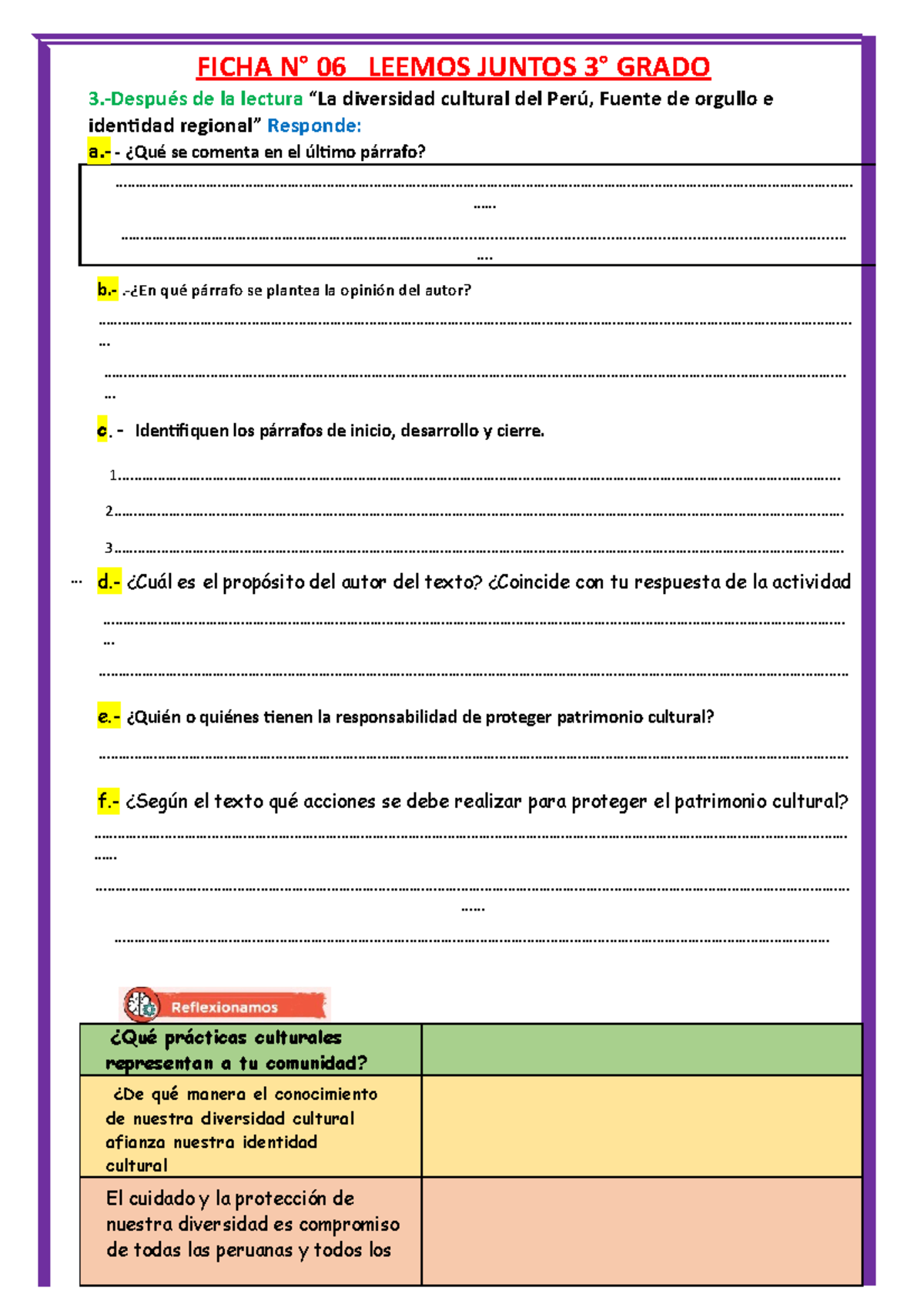 Leemos juntos exp. 10 - Apuntes 1 - FICHA N° 06 LEEMOS JUNTOS 3° GRADO ...