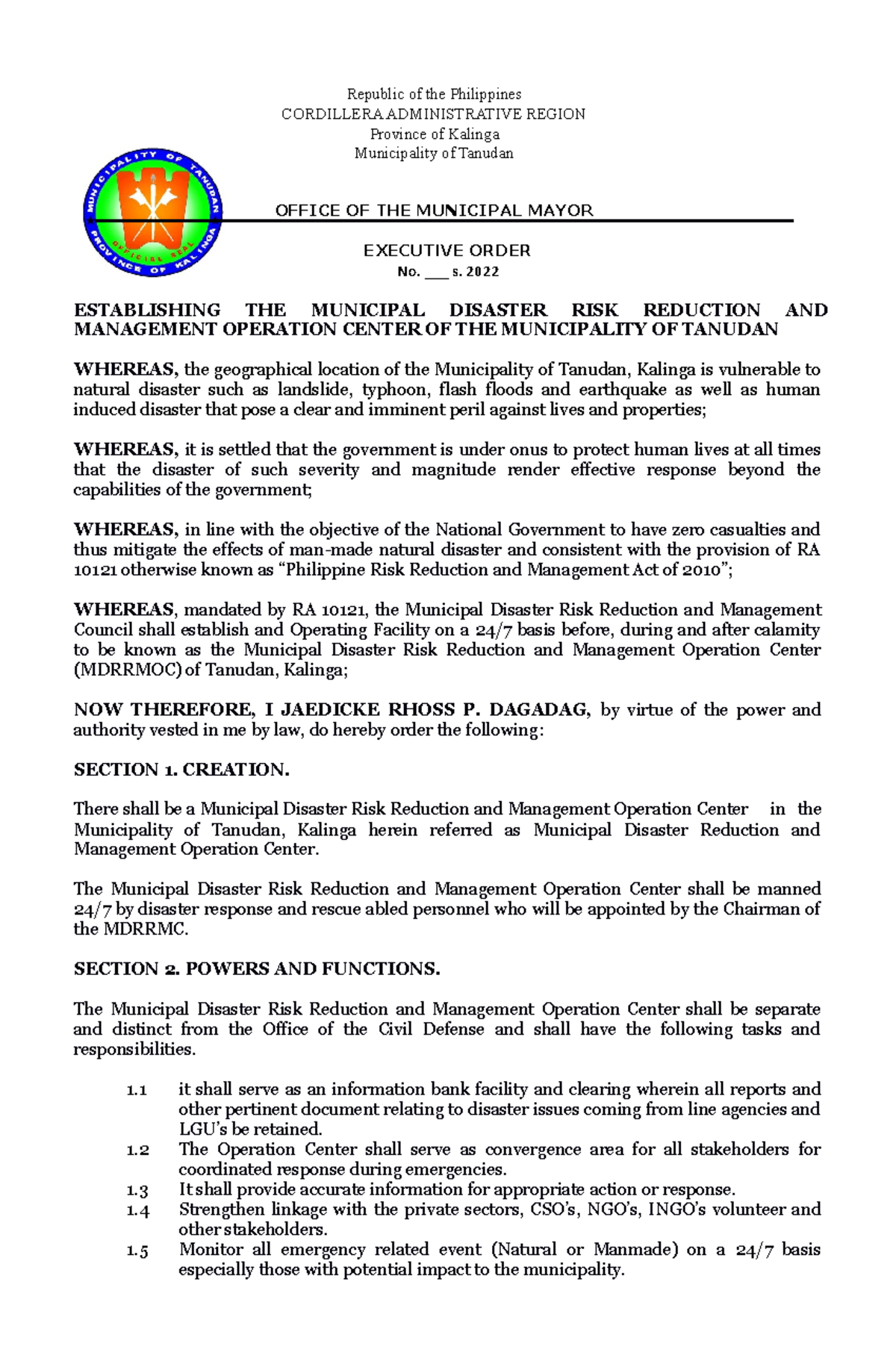 EO Opcen 24-7 - ABC - Republic of the Philippines CORDILLERA ...