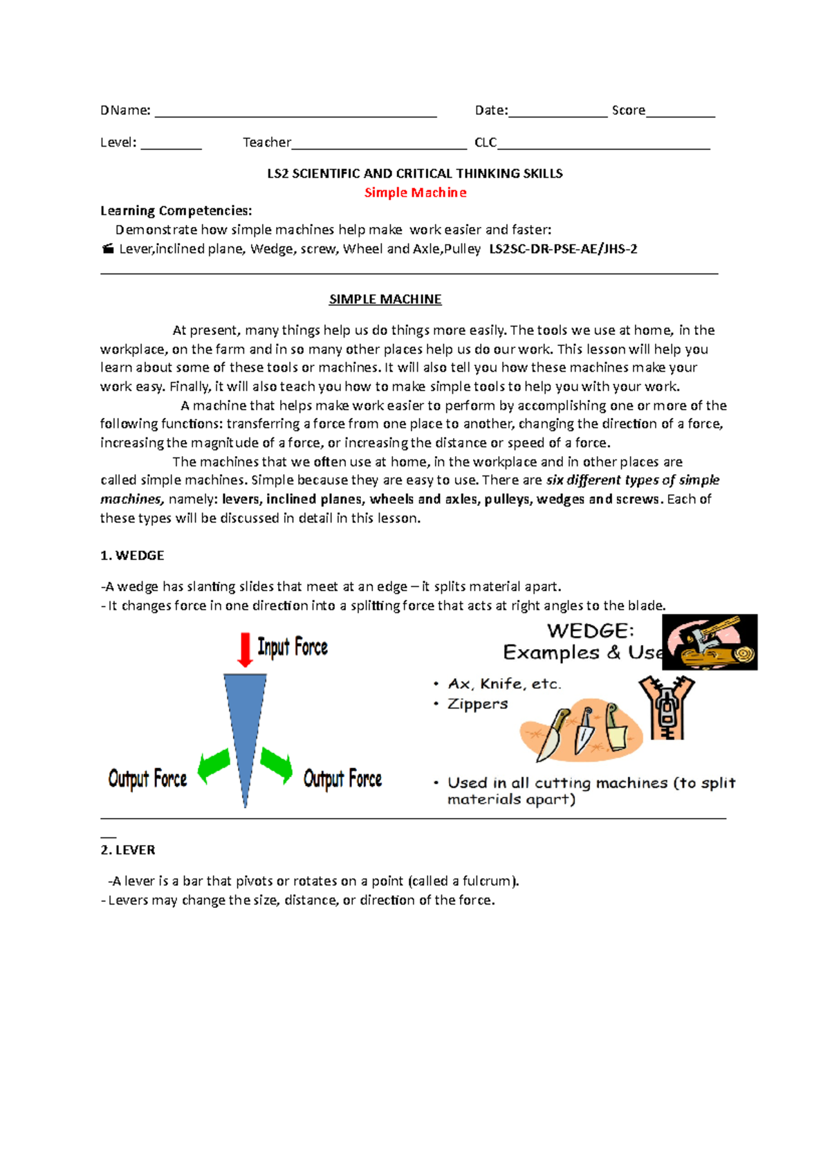 Worksheet- Simple- Machine - DName ...