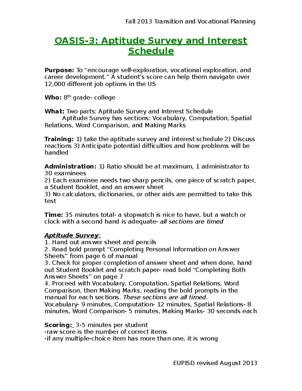 Oasis-3 Summary - Fall 2013 Transition and Vocational Planning OASIS-3: Aptitude Survey and ...