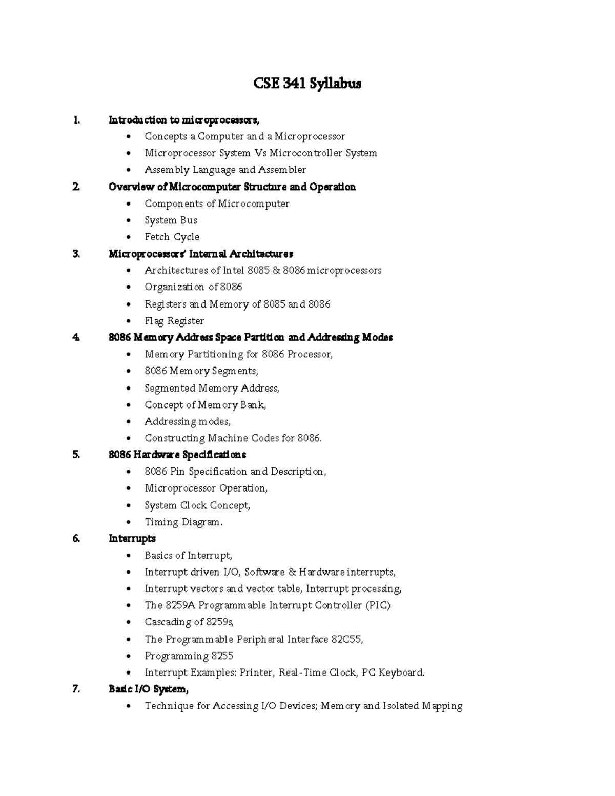 Cse341 Course Outline Cse 341 Syllabus Introduction To Microprocessors Concepts A Computer