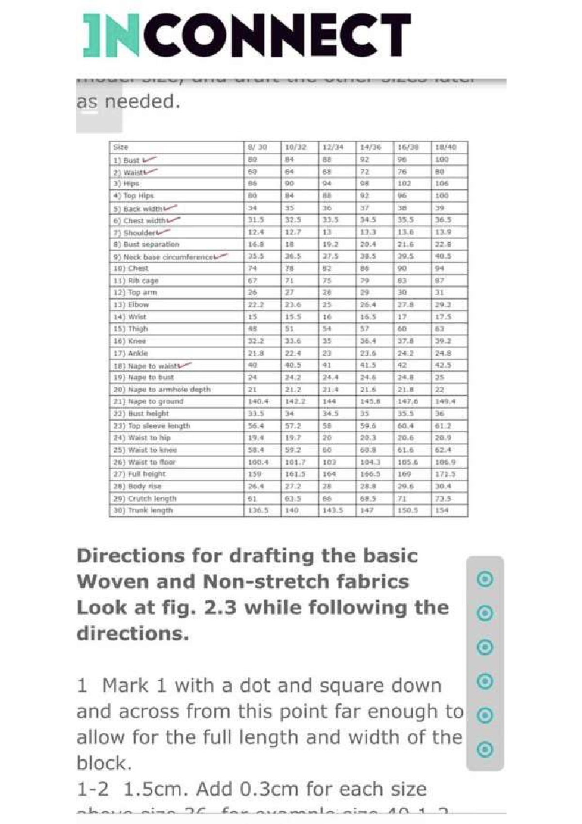 Patternmaking for a shirt block - INCONNECT as needed. Size 1) Bust so ...