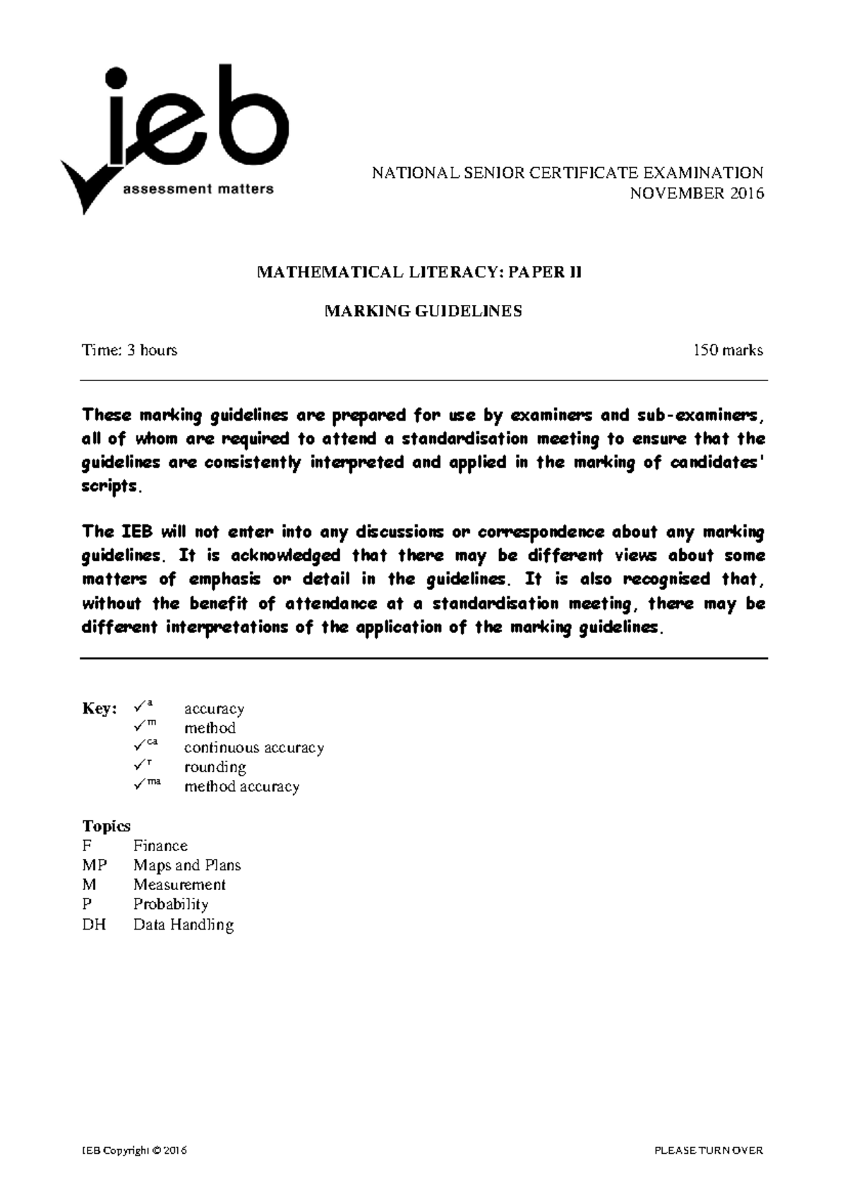 IEB Mathematical Literacy P2 Memo 2016 Nov - NATIONAL SENIOR ... IEB Mathematical Literacy P2 Memo 2016 Nov - NATIONAL SENIOR ...