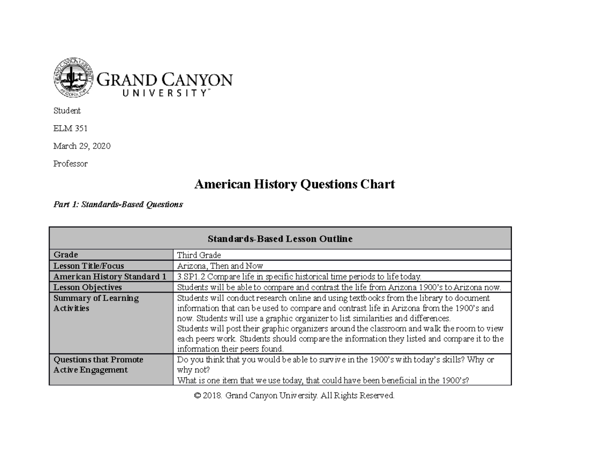 American History Questions ELM351 - Student ELM 351 March 29, 2020 ...