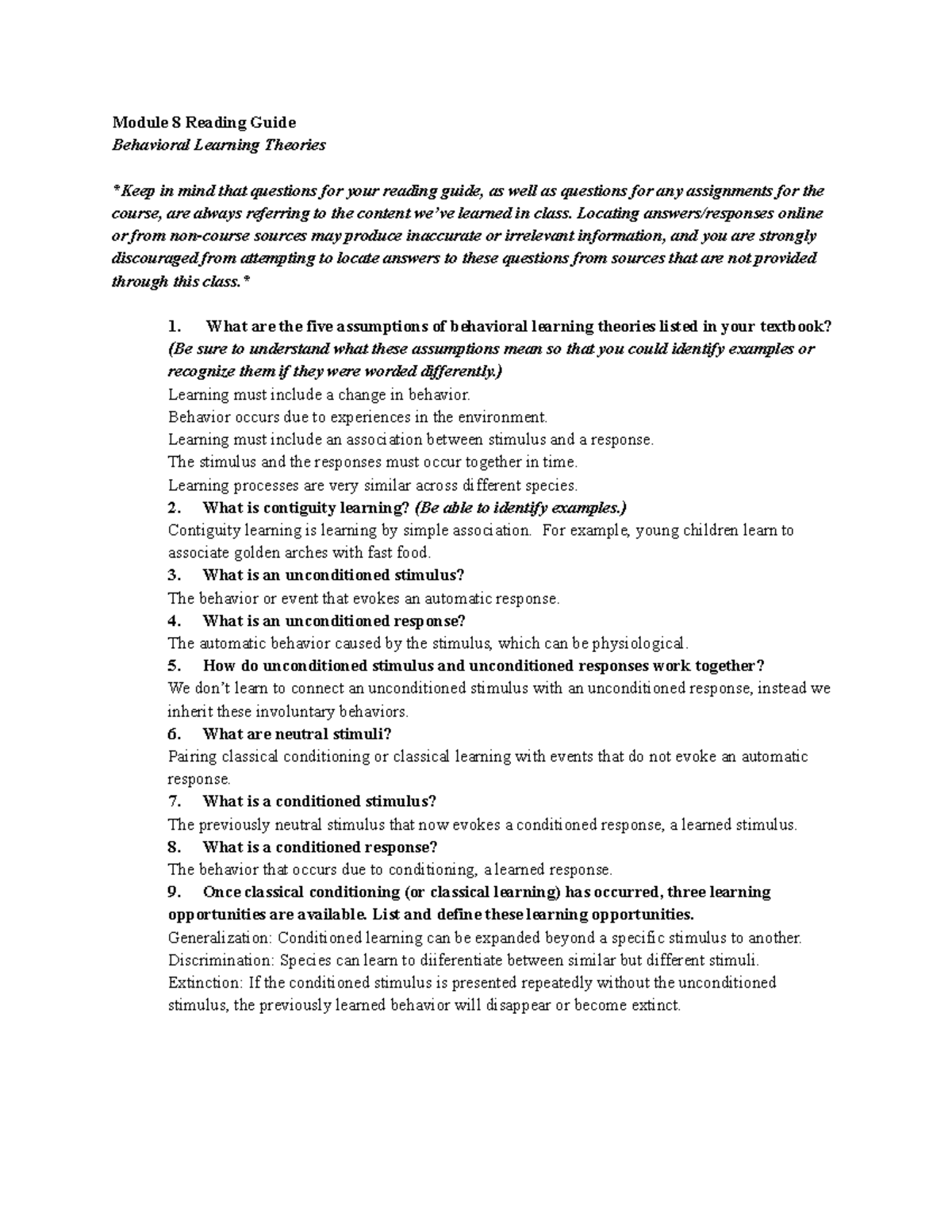 Module 8 Reading Guide - Module 8 Reading Guide Behavioral Learning Theories Keep in mind that ...