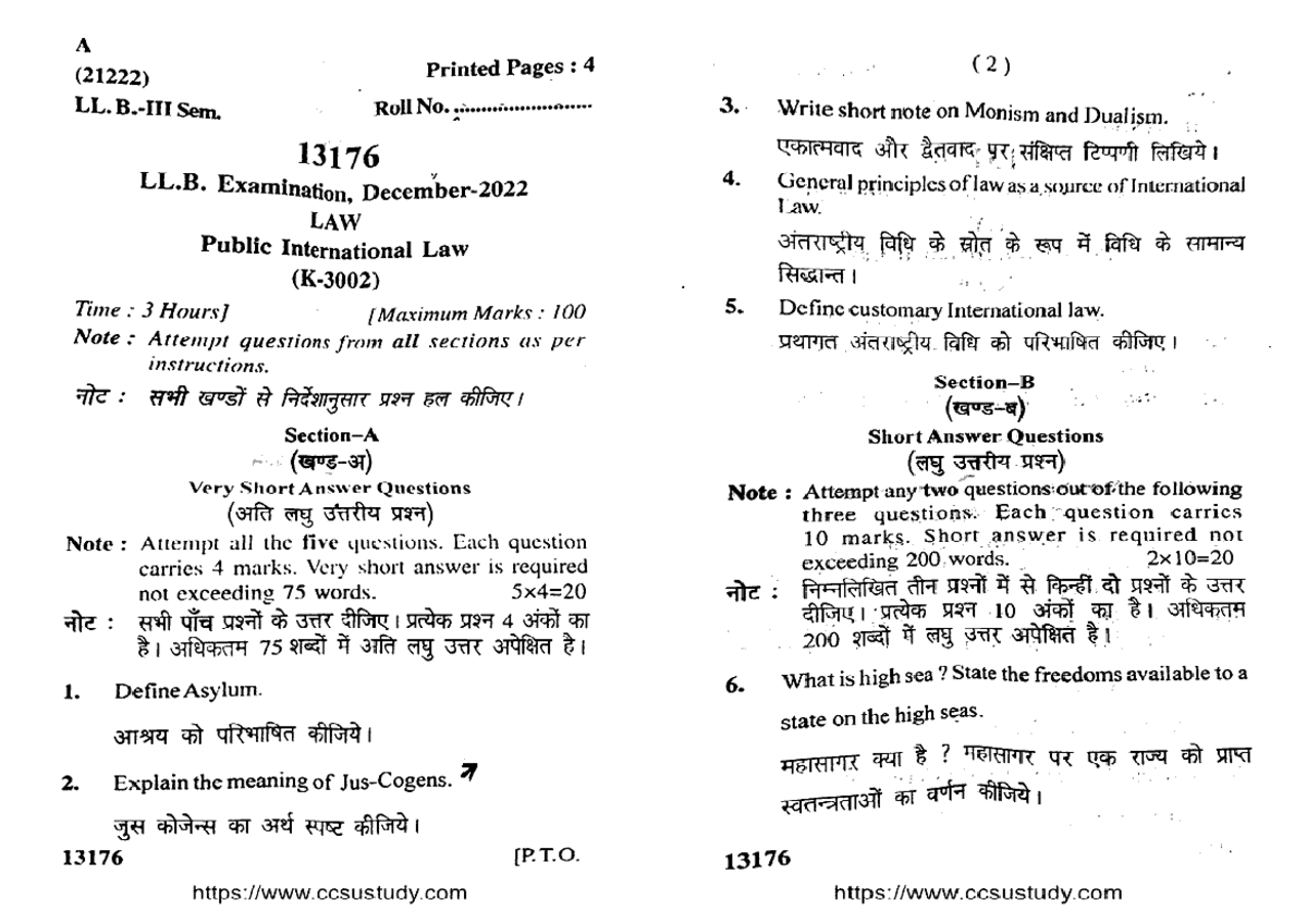 CCS question paper LLB 2022 - A Printed Pages : 4 (2) LL. Sem. Roll No ...