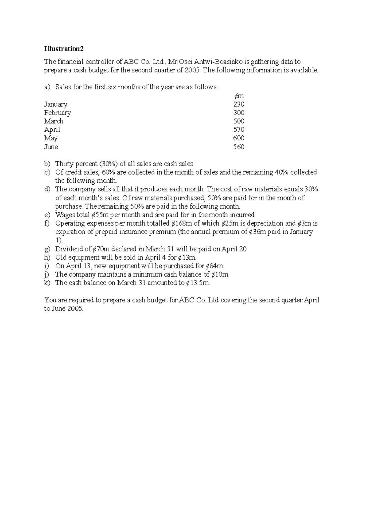 CASH Budget Question - Illustration The financial controller of ABC Co ...