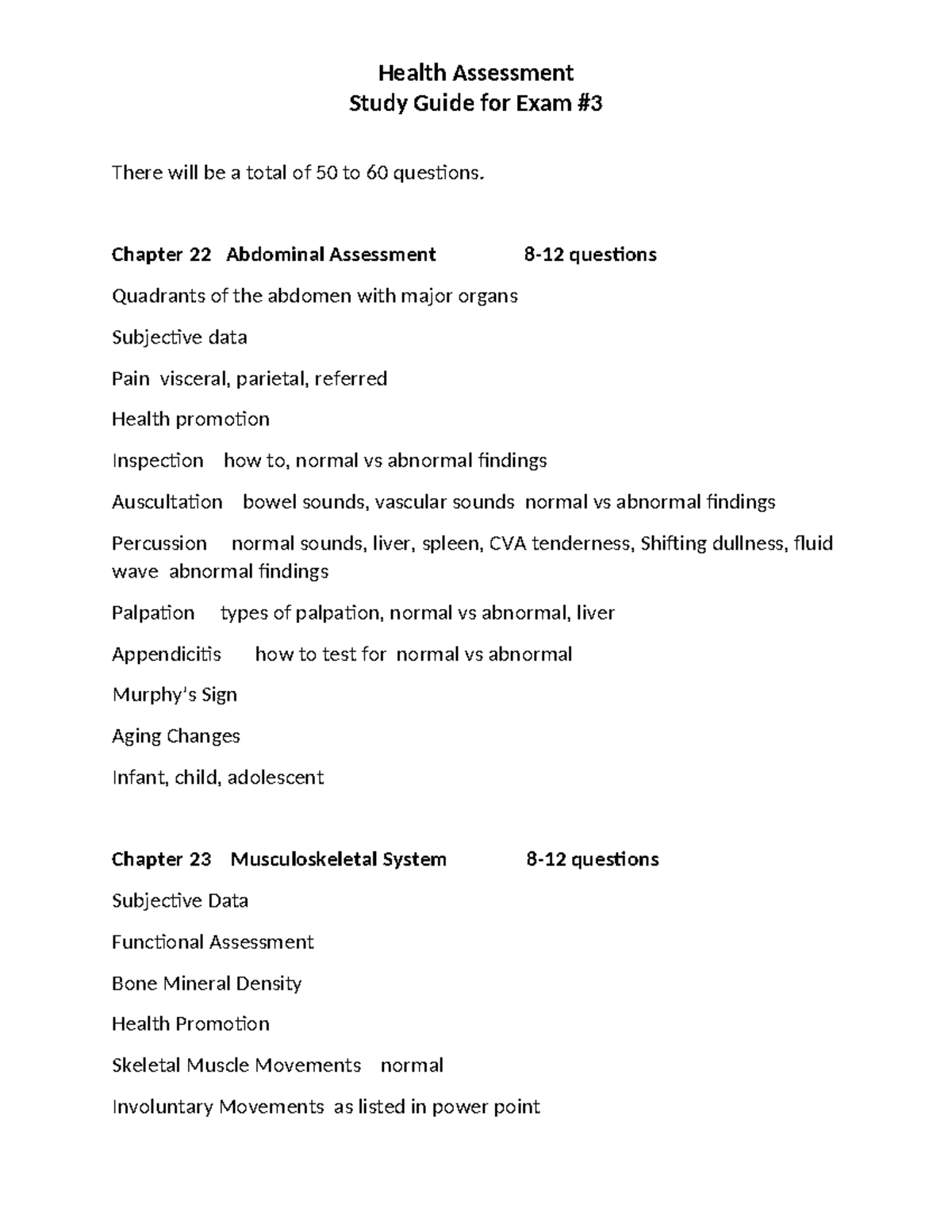 Study Guide Health Assessment Exam 3-1 2 - Study Guide for Exam There ...