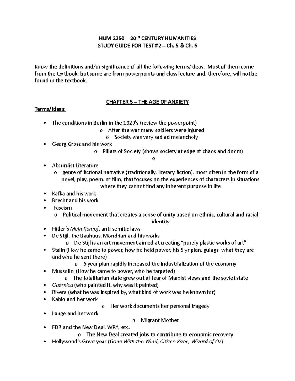 2250 Test 3 Guide - HUM 2250 20TH CENTURY HUMANITIES STUDY GUIDE FOR ...