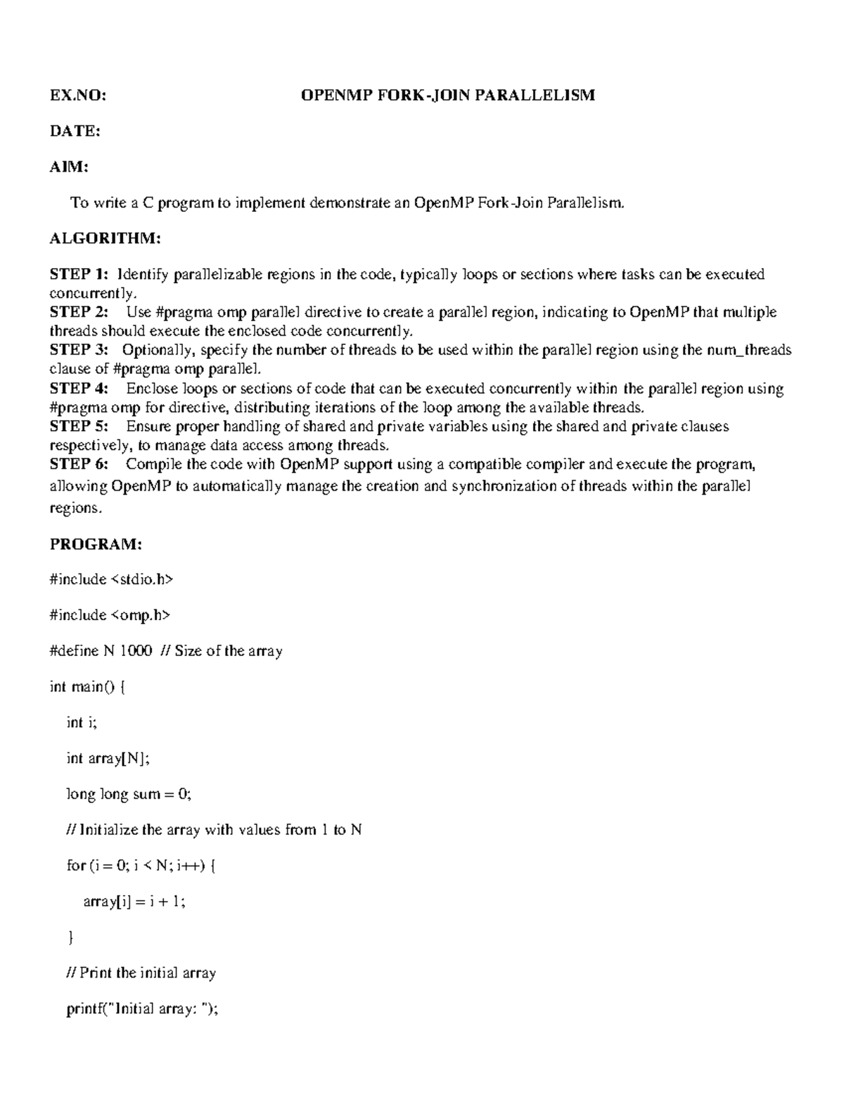 Mcap Me Mcap Ex Openmp Fork Join Parallelism Date Aim To Write A C Program To Implement