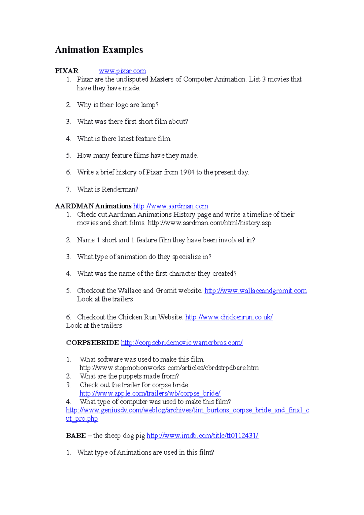 Animation Examples - WORKBOOK - Animation Examples PIXAR pixar 1. Pixar ...