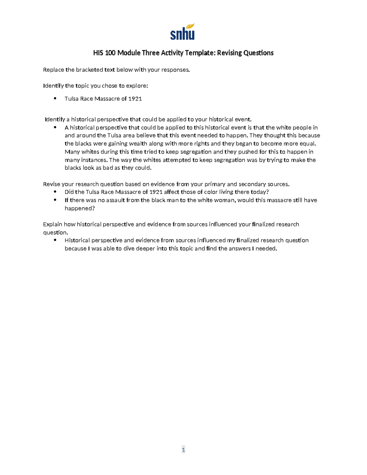 HIS 100 Module Three Activity Revising Questions Template - HIS 100 ...
