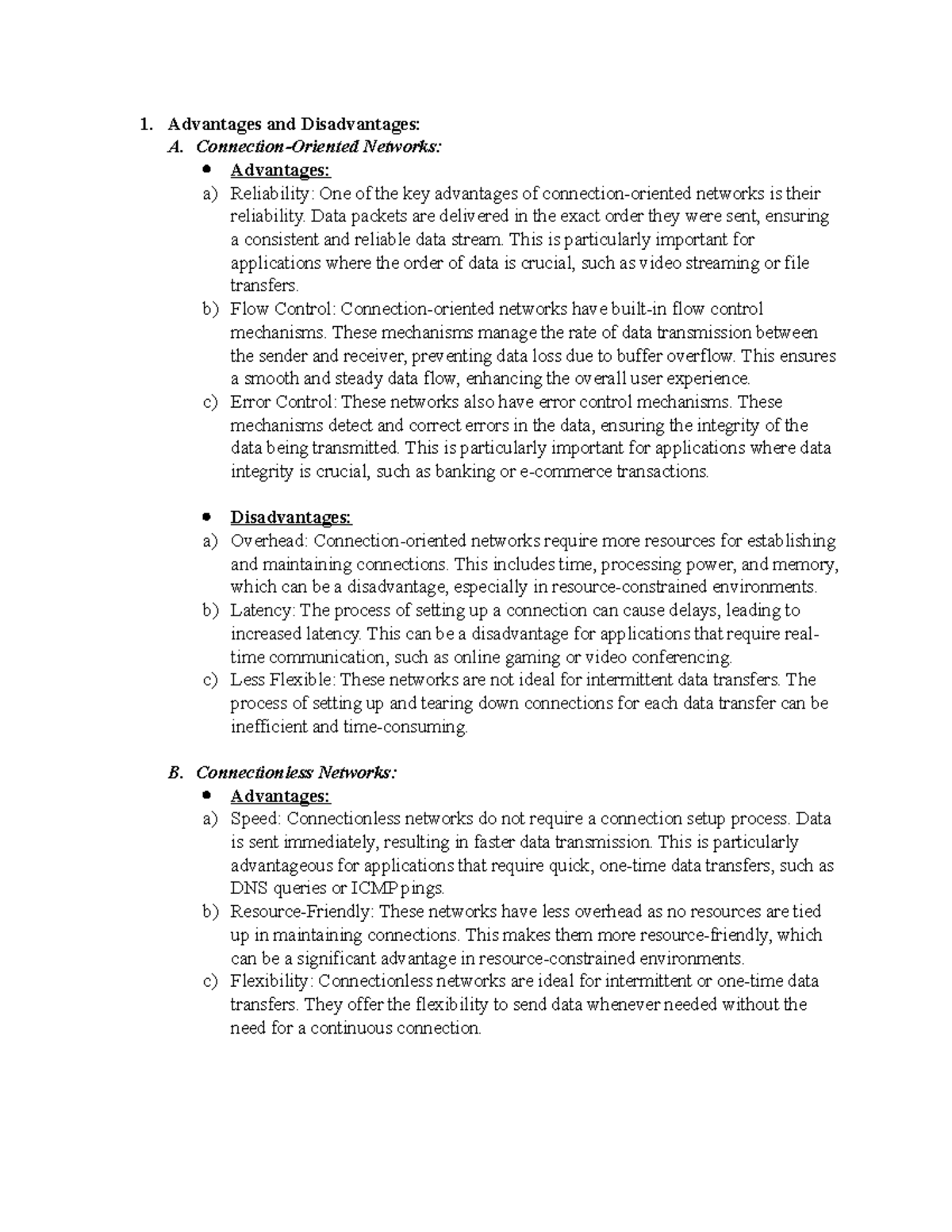 Written Assignment Unit 1 - Advantages and Disadvantages: A. Connection-Oriented Networks: - Studocu