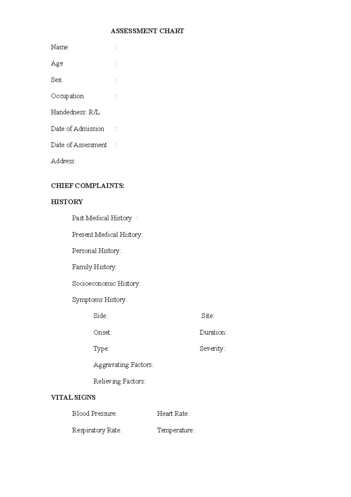 Neuro Assessment Chart Assessment Chart Name Age Sex Occupation