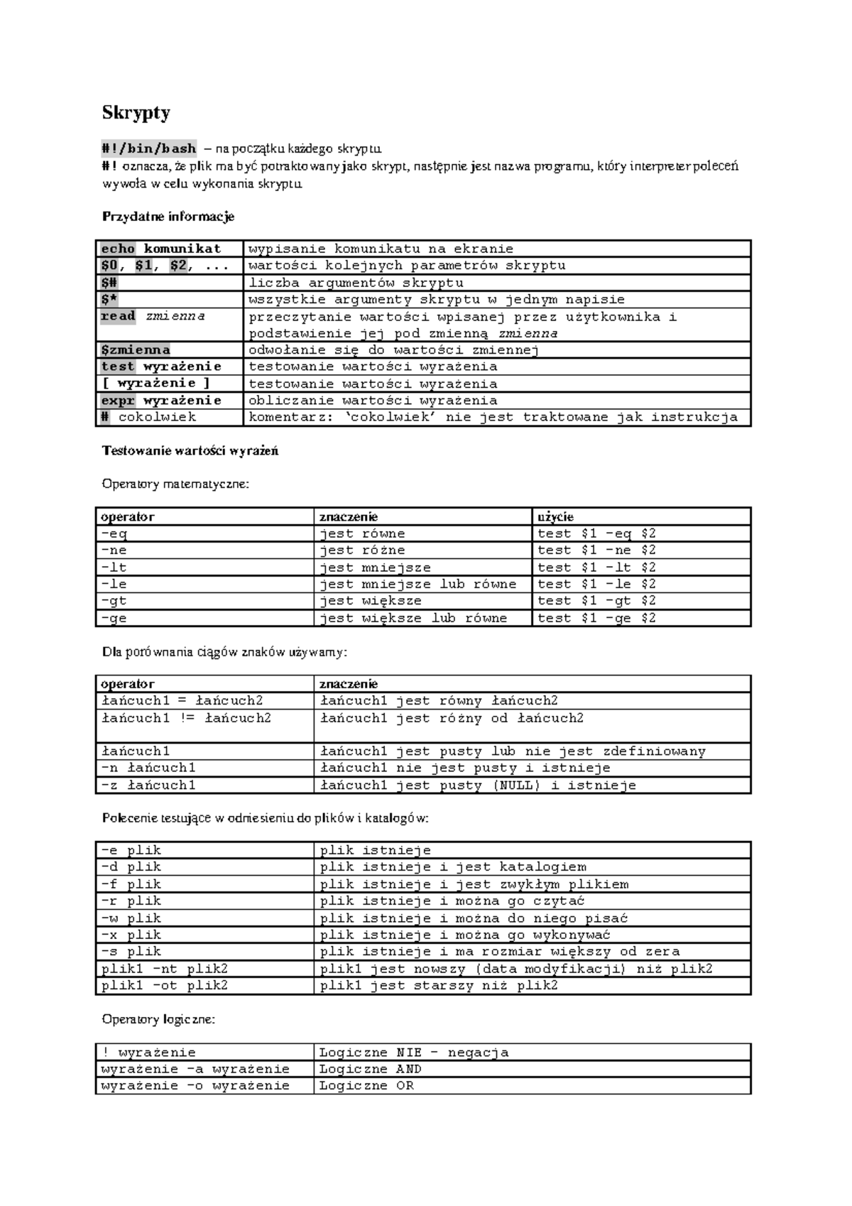 Skrypty teoria - Skrypty #!/bin/bash – na początku każdego skryptu ...