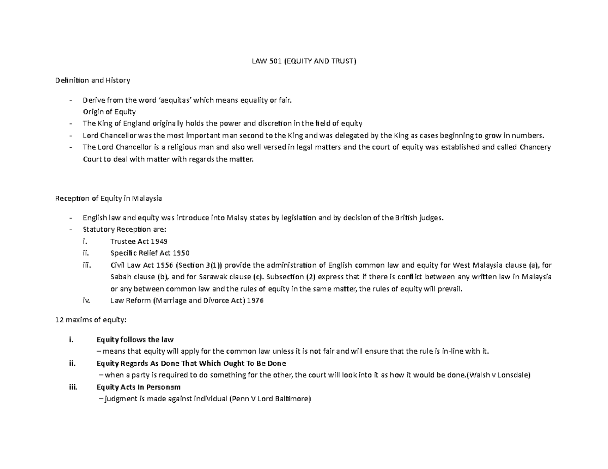 LAW 501 notes - LAW 501 (EQUITY AND TRUST) Definition and History ...
