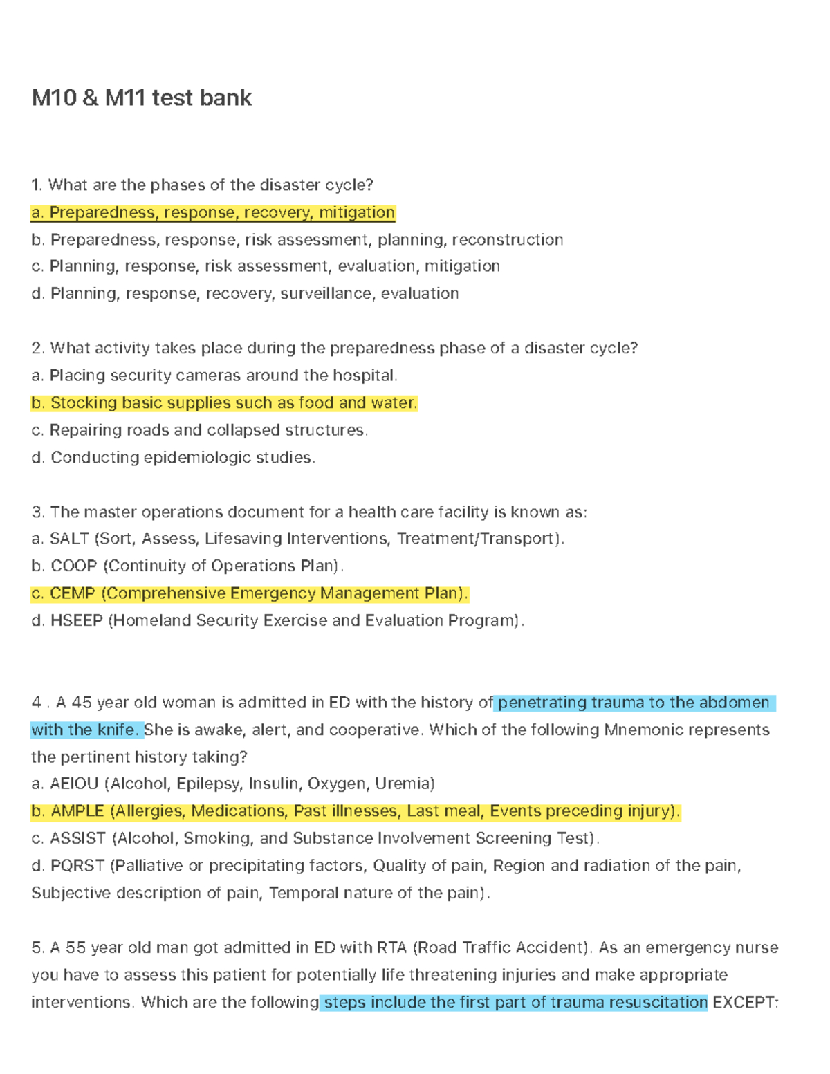 M10-11 - M10 & M11 test bank What are the phases of the disaster cycle ...