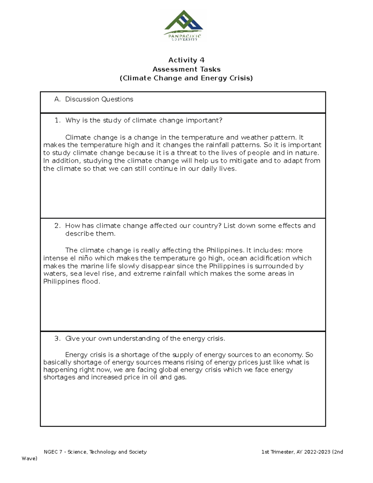Activity 4 Climate Change STS -298629704 - Activity 4 Assessment Tasks ...