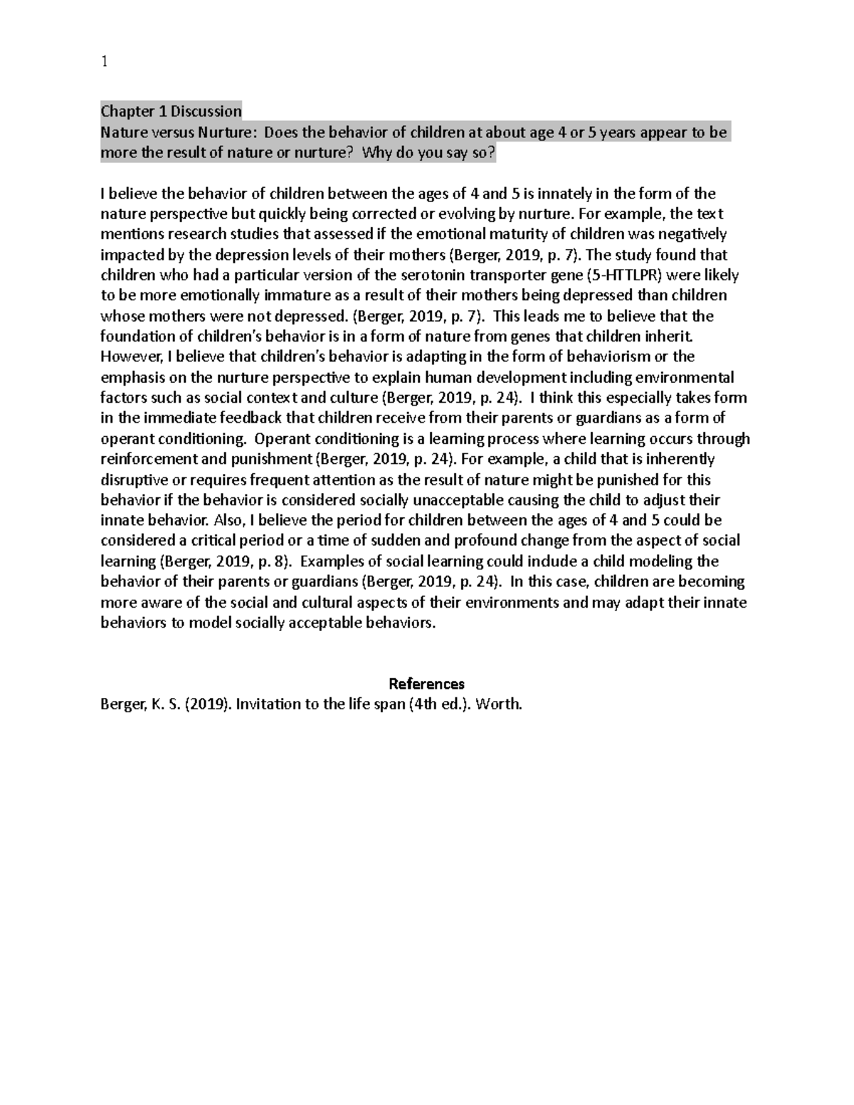 M2 Discussion - 1 Chapter 1 Discussion Nature versus Nurture: Does the ...
