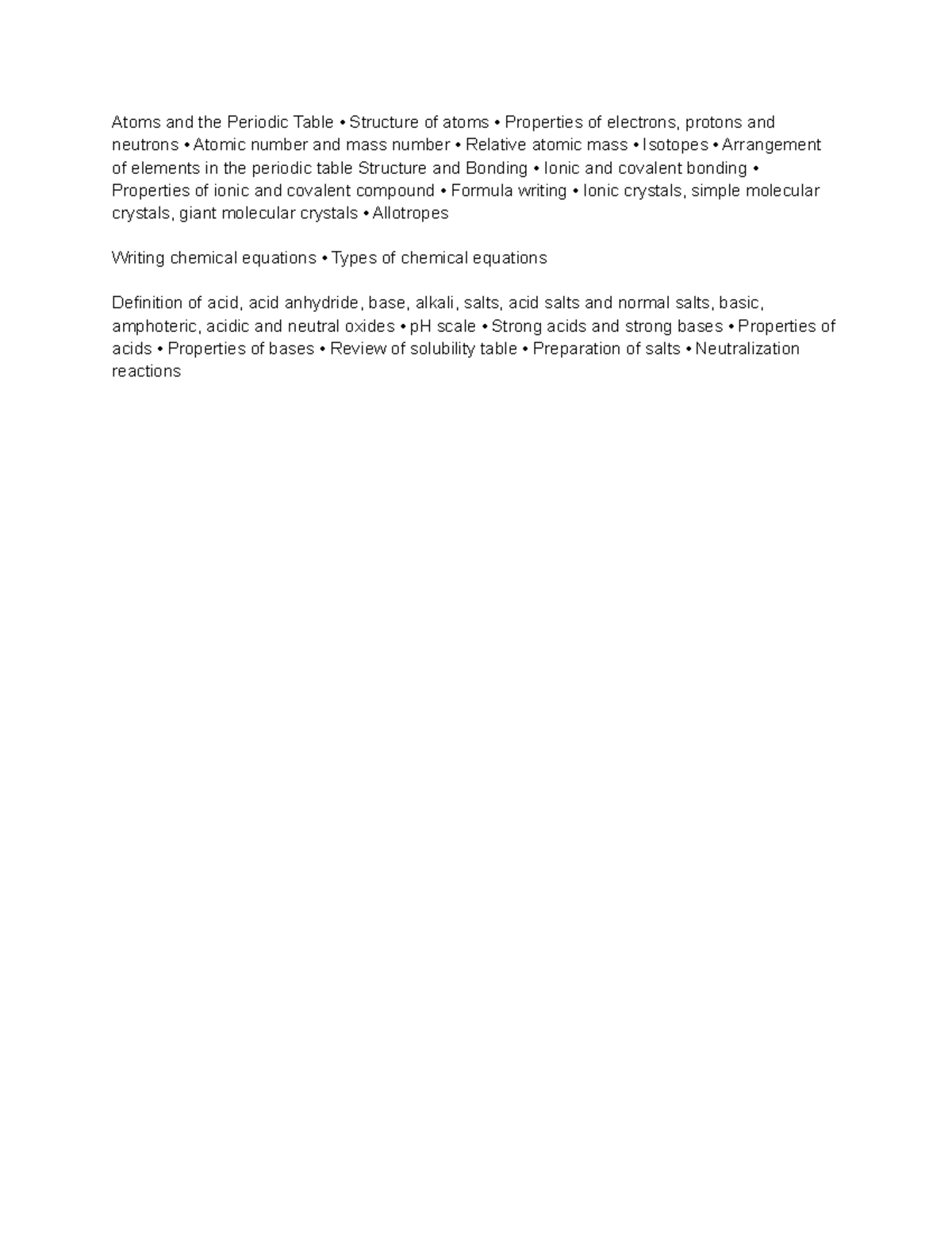 Grade 10 Chemistry Syllabus Atoms And The Periodic Table Structure