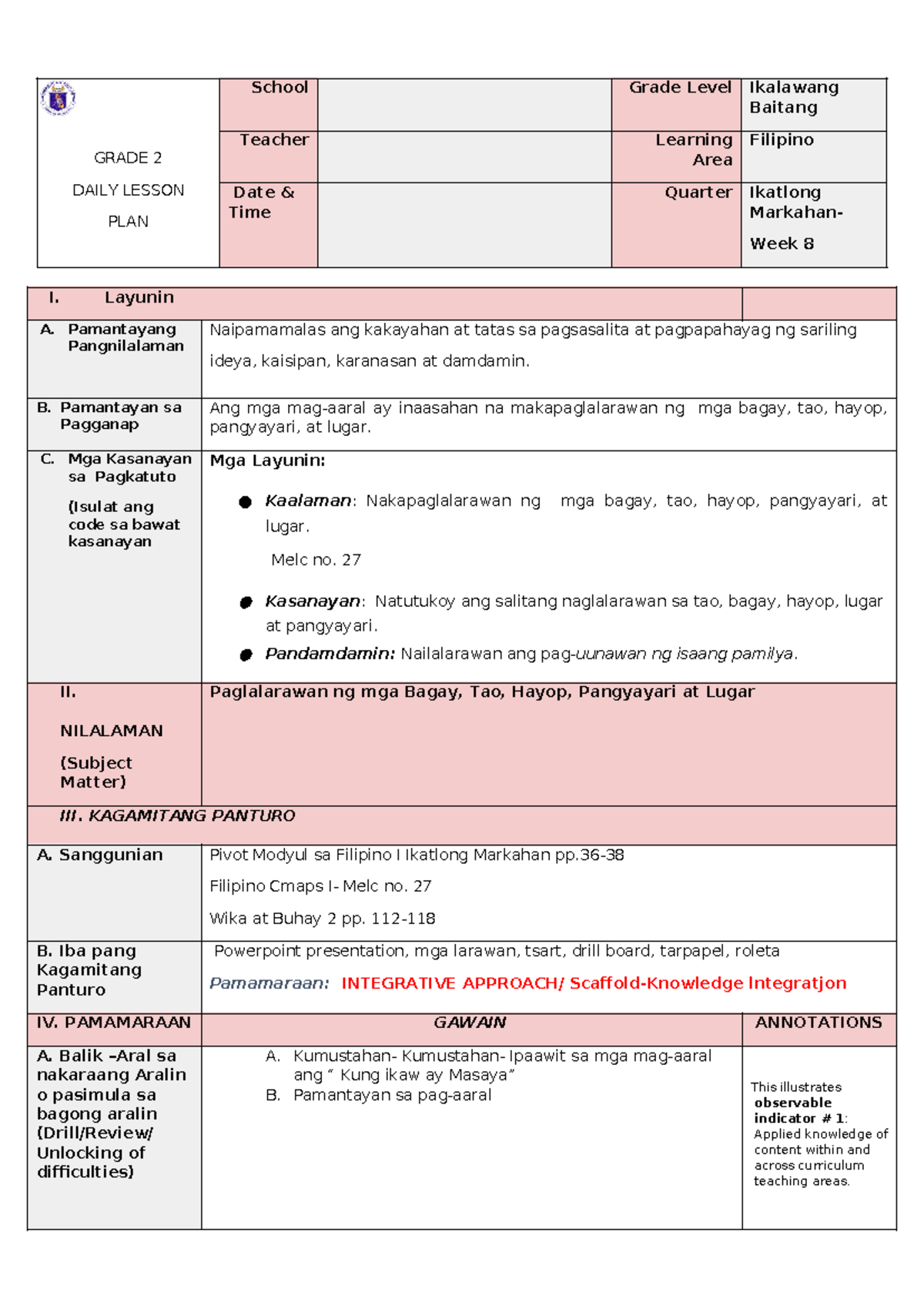 COT- Filipino 2 Q3-W8 - GRADE 2 DAILY LESSON PLAN School Grade Level ...