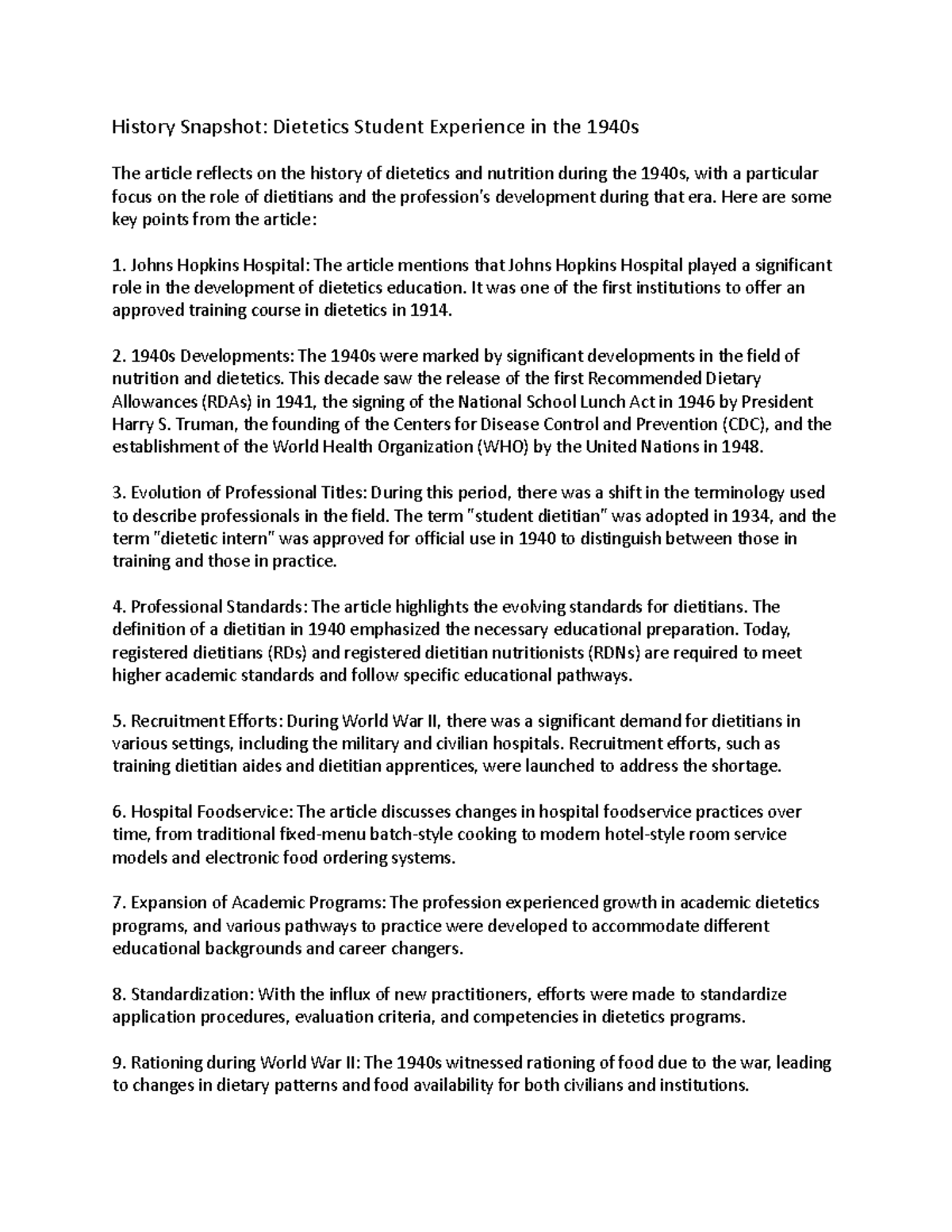 History Snapshot Article - History Snapshot: Dietetics Student ...