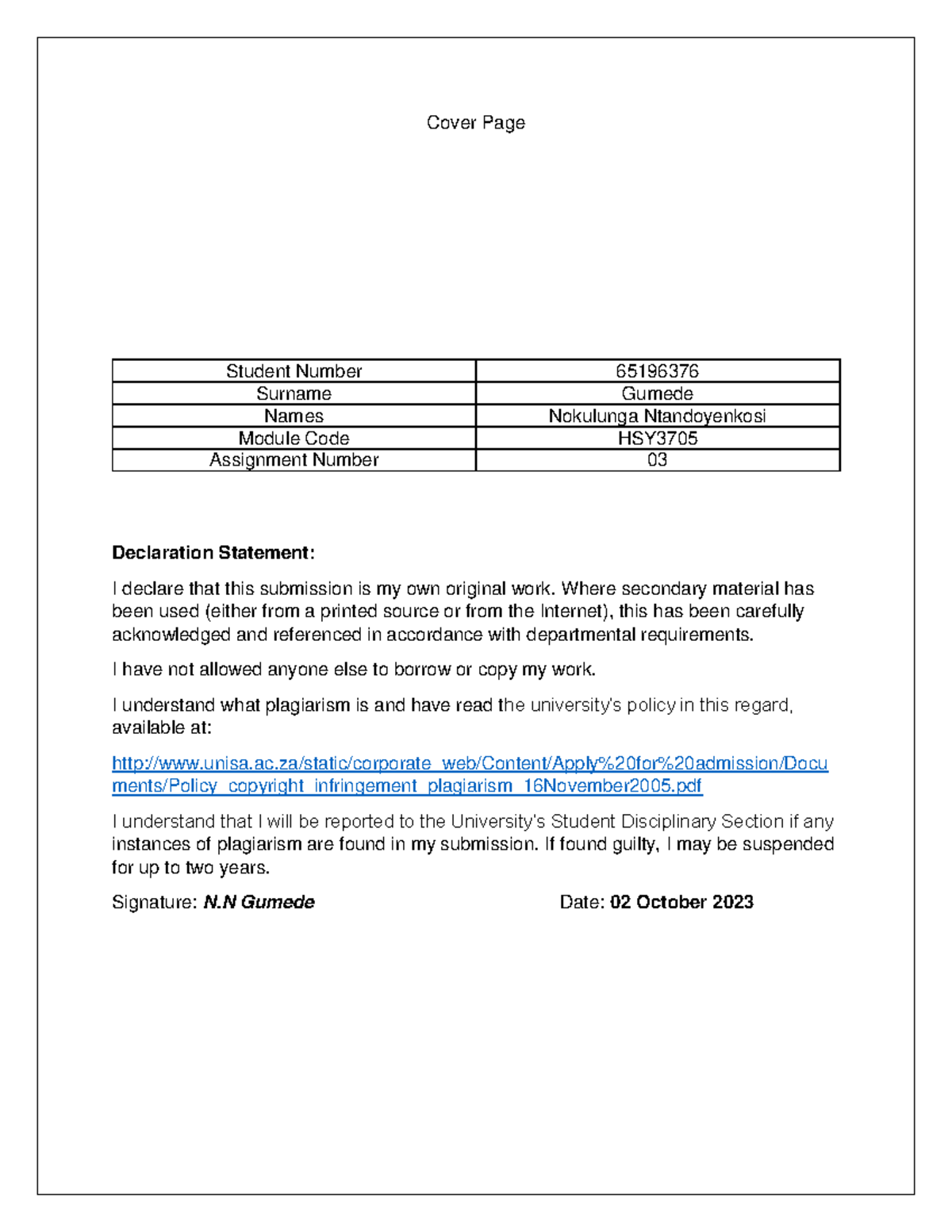 HSY3705 - 3 - HISTORY MODULE - Cover Page Student Number 65196376 ...