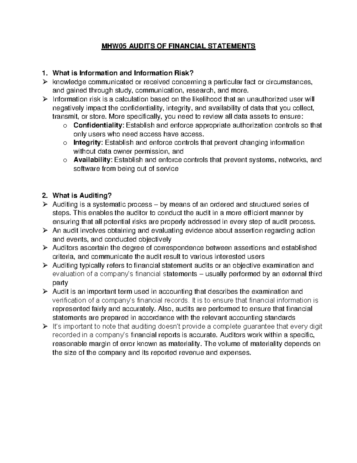 Assignment in auditing01 - Audits of Financial Statements - MHW05 ...