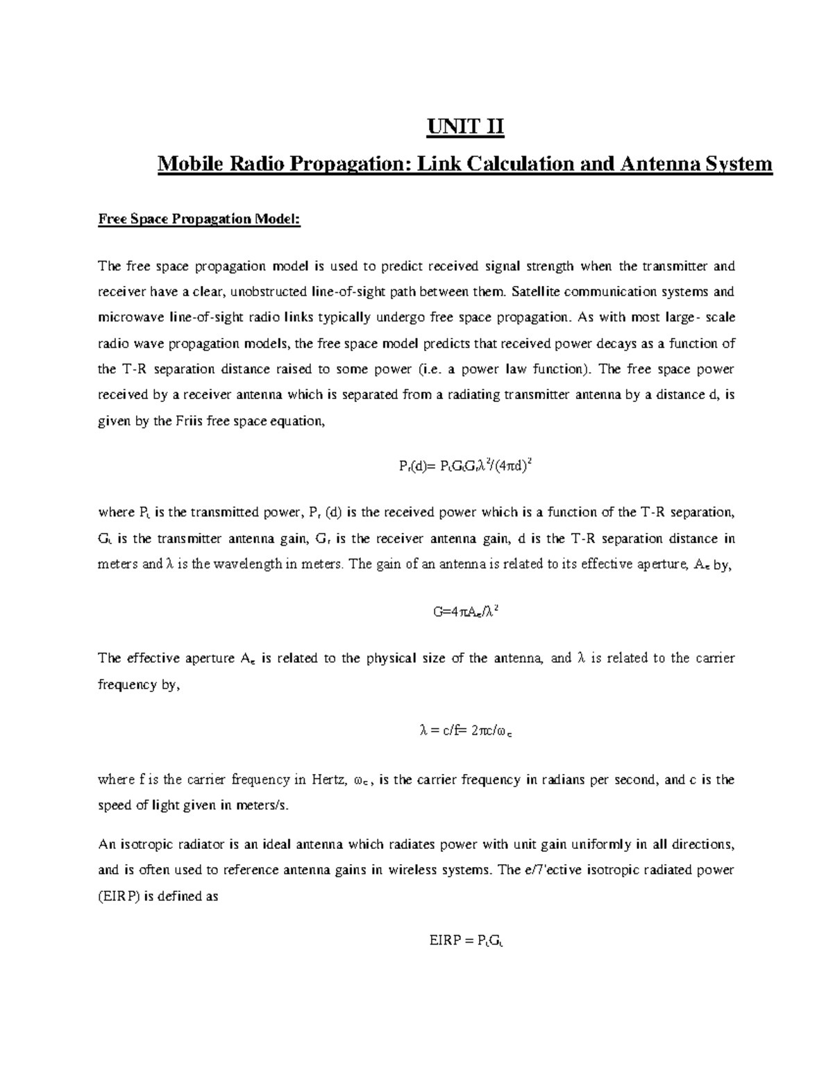 Unit 2 propagation - UNIT II Mobile Radio Propagation: Link Calculation and Antenna System Free ...