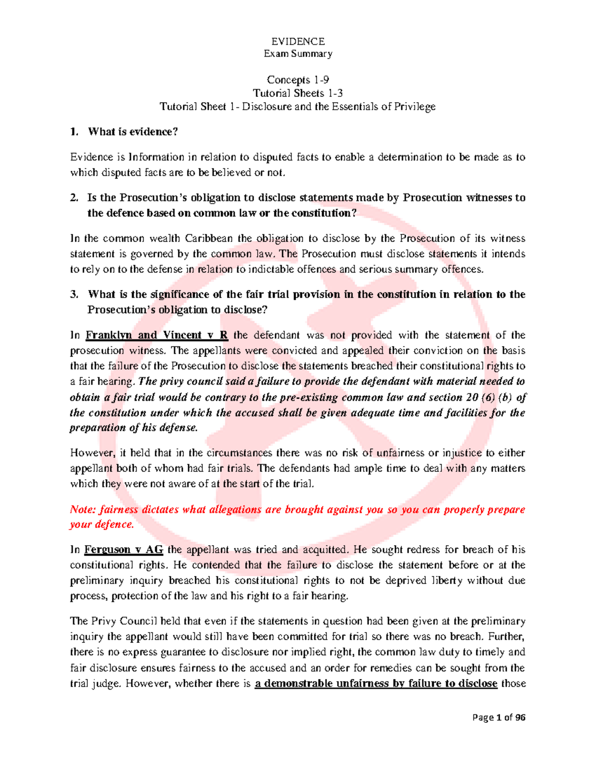 Evidence Tutorials - Exam Summary Concepts 1- Tutorial Sheets 1- Tutorial Sheet 1- Disclosure ...