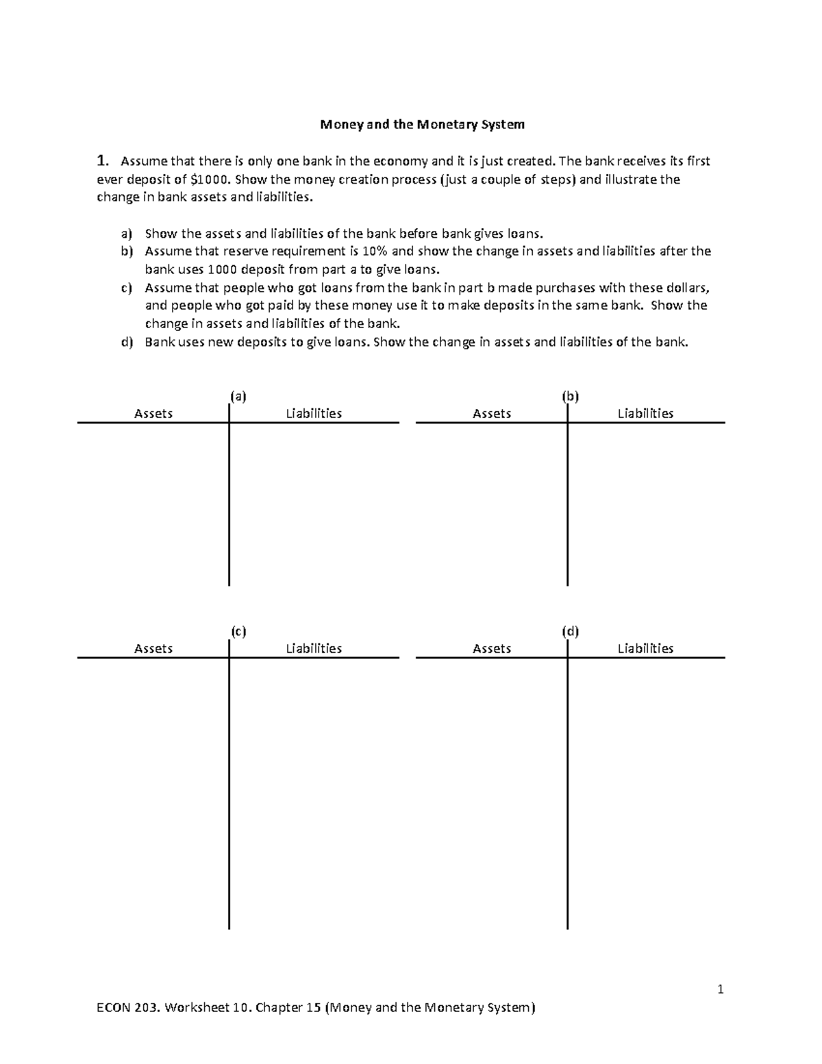 Ch. 15. Money and the Monetary System - 1 ECON 203. Worksheet 10 ...