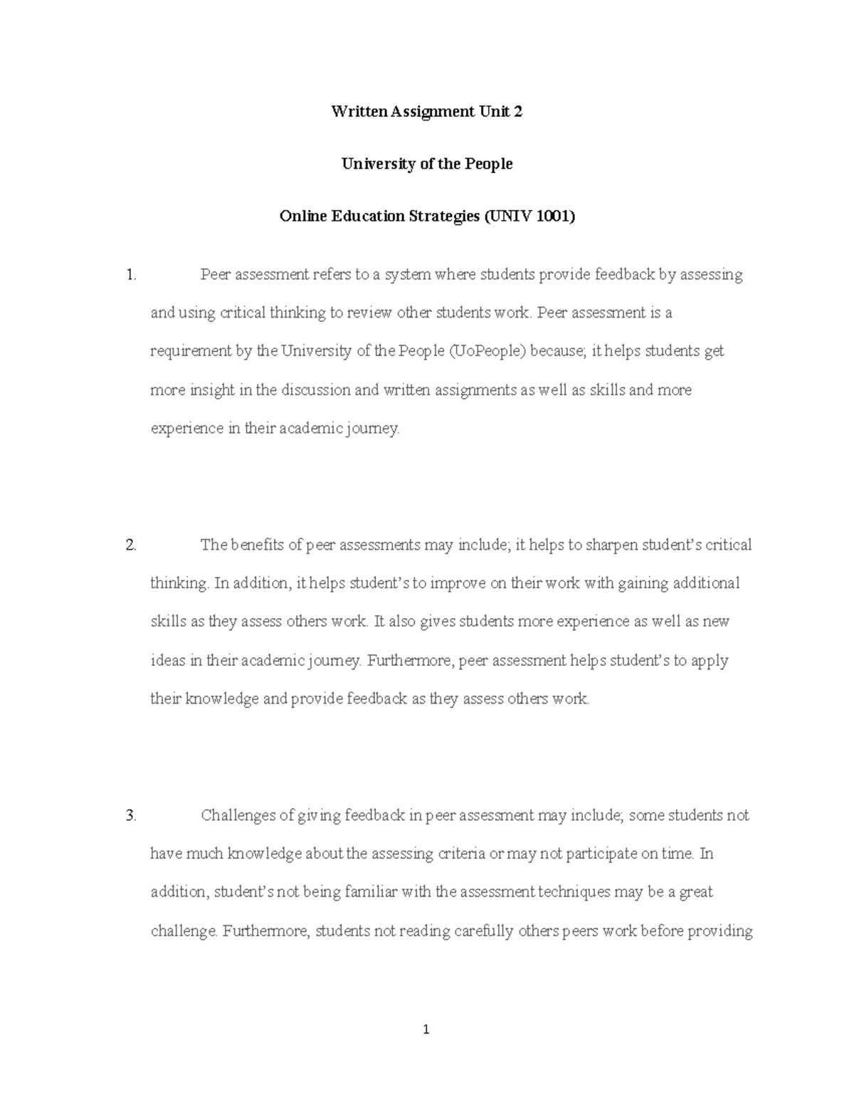 Written Assignment Unit 2 UNIV 1001 UoPeople - Written Assignment Unit ...