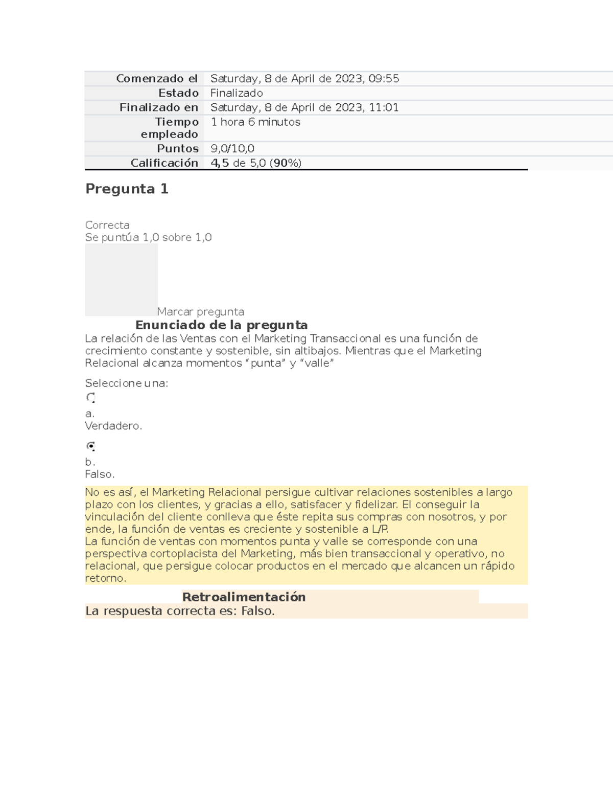 Examen unidad 1 CRM - Comenzado el Saturday, 8 de April de 2023, 09 ... Examen unidad 1 CRM - Comenzado el Saturday, 8 de April de 2023, 09 ...