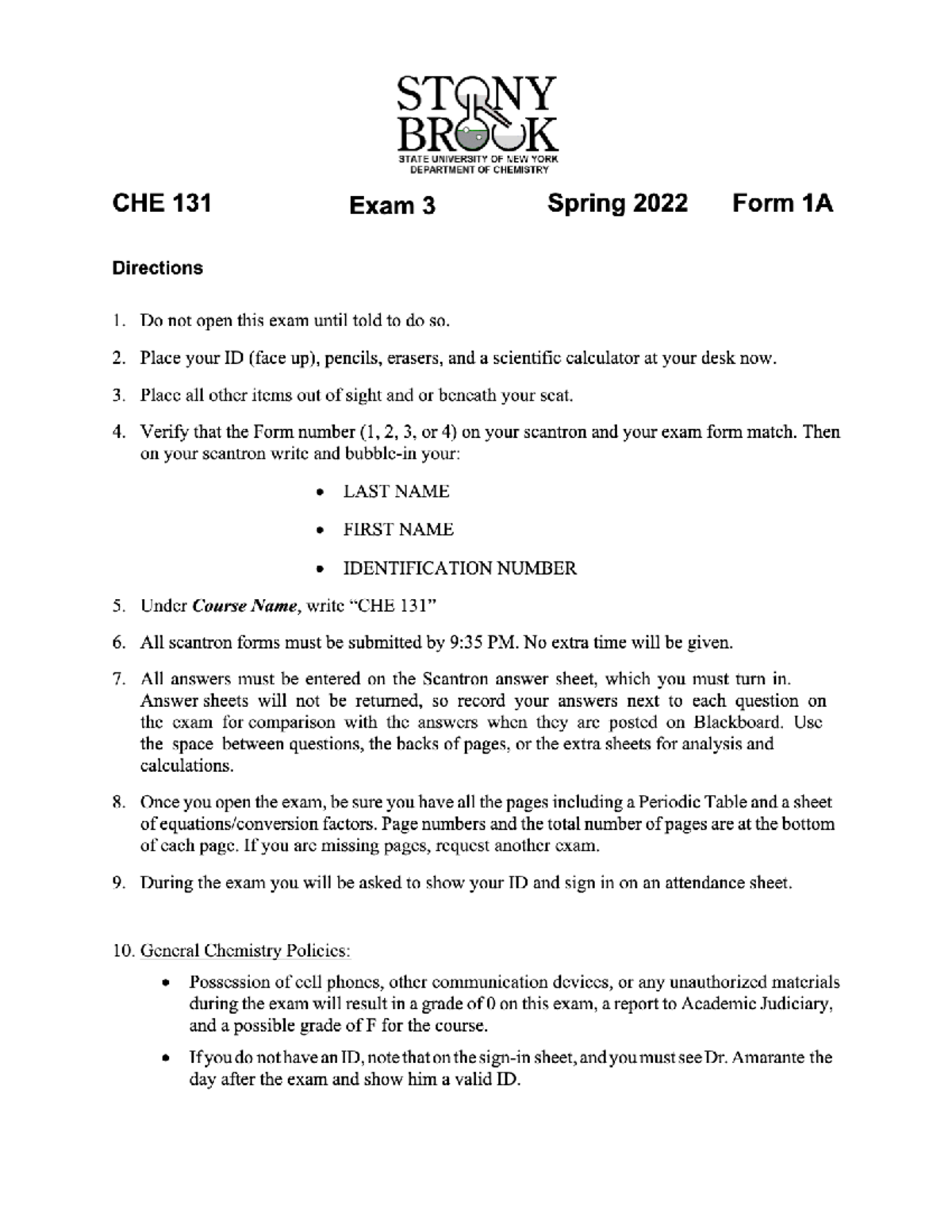 CHE 131 Spring 2022 Exam 3 -CHE 131.01-02 General Chemistry IB - Spring ...