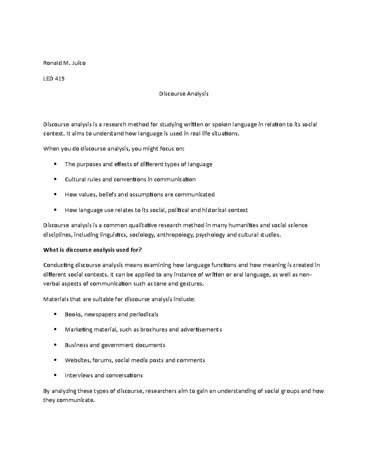 Discourse analysis report on applied linguistic - Ronald M. Juico LED ...
