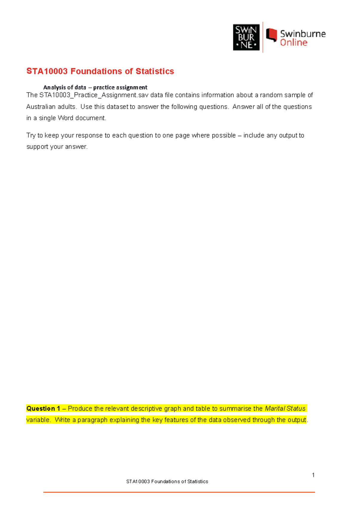 Practice assignment - helpful - STA10003 Foundations of Statistics Analysis of data – practice ...