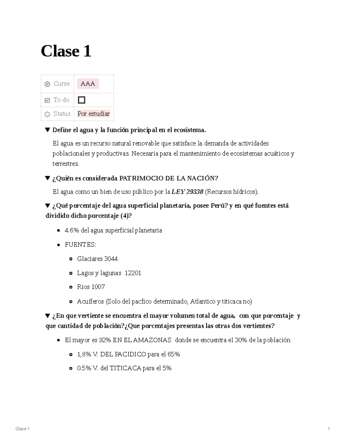 Clase 1 - Clase 1 Curse AAA To do Status Por estudiar Define el agua y ...