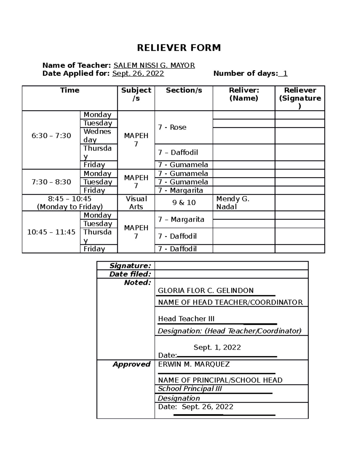 Reliever-Form - SQQ - RELIEVER FORM Name of Teacher: SALEM NISSI G ...