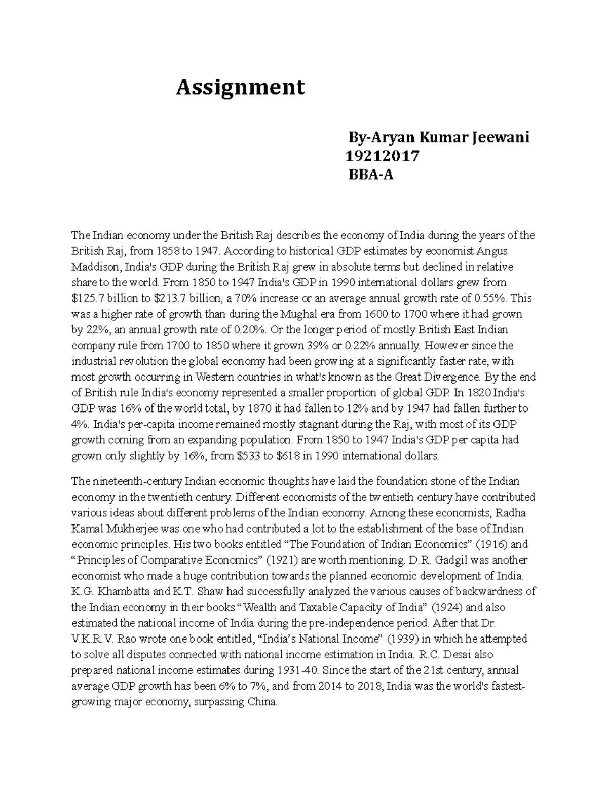 Macroeconomics CIA and asynchronous assignments - Assignment By-Aryan Kumar Jeewani 19212017 BBA ...