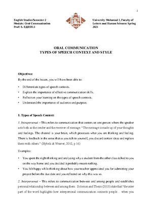 Oral communication- Types OF Speech ACTS - 1 English Studies/Semester 2 ...