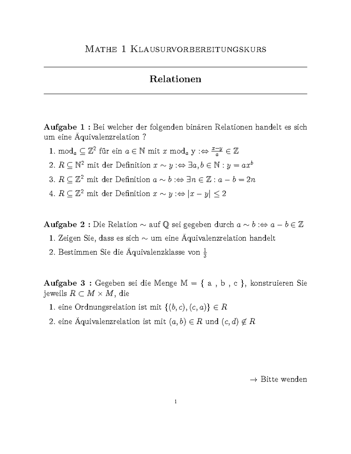 Relation Aufgaben - Mathe 1 Klausurvorbereitungskurs Relationen Aufgabe ...
