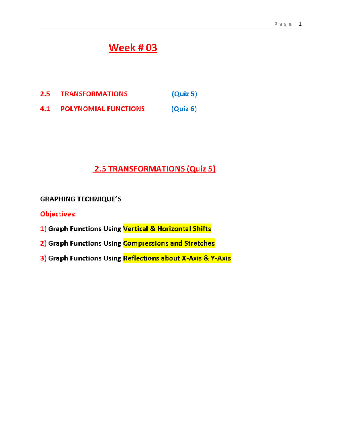 WEEK 03 (PART A) - MAth 103 practie questions - Week # 03 2 TRANSFORMATIONS (Quiz 5) 4 ...