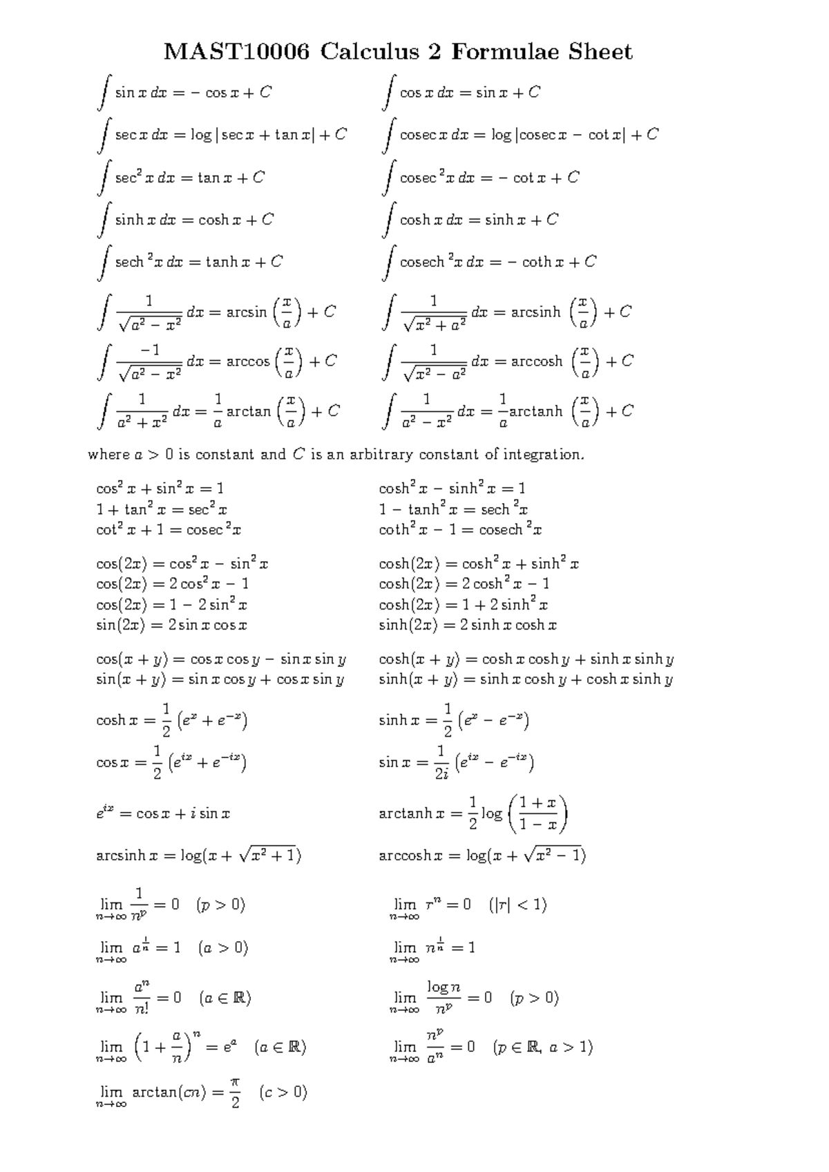 Calculus 2 formula sheet - MAST10006 Calculus 2 Formulae Sheet ∫ sin x ...