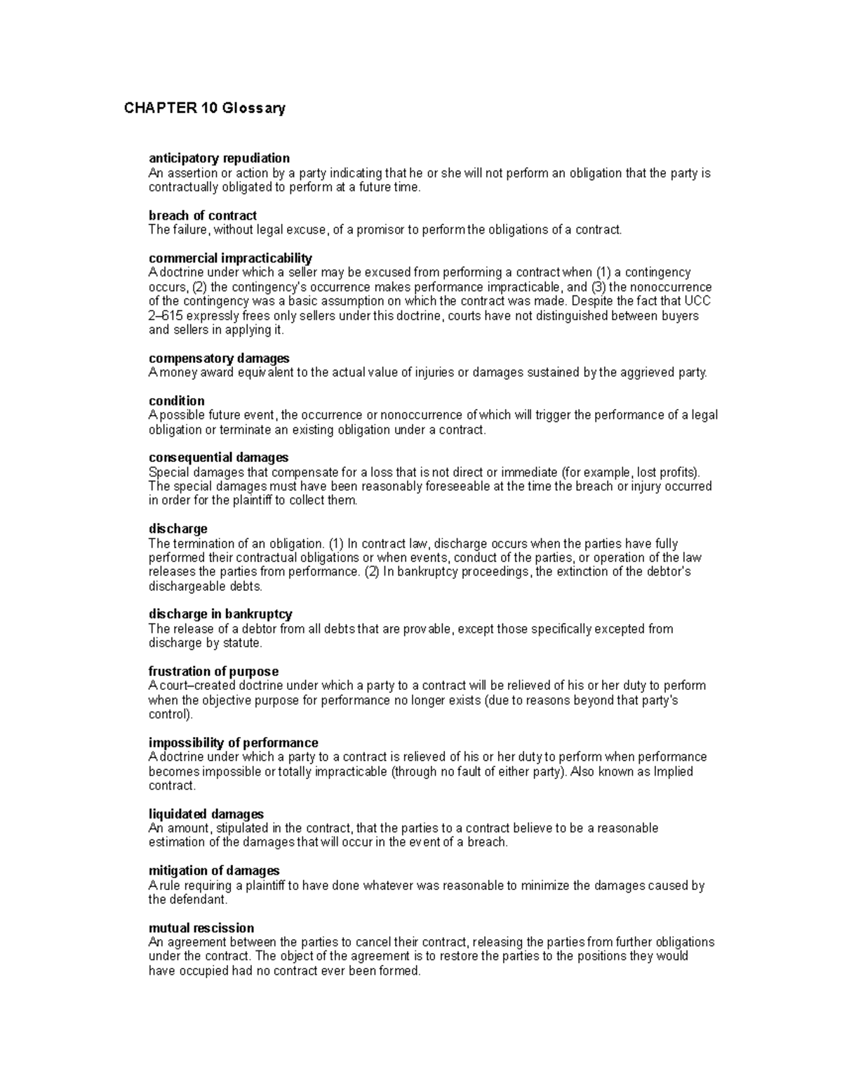 Ch10 - to revise and reinforce legal concepts and terms - CHAPTER 10 Glossary anticipatory - Studocu