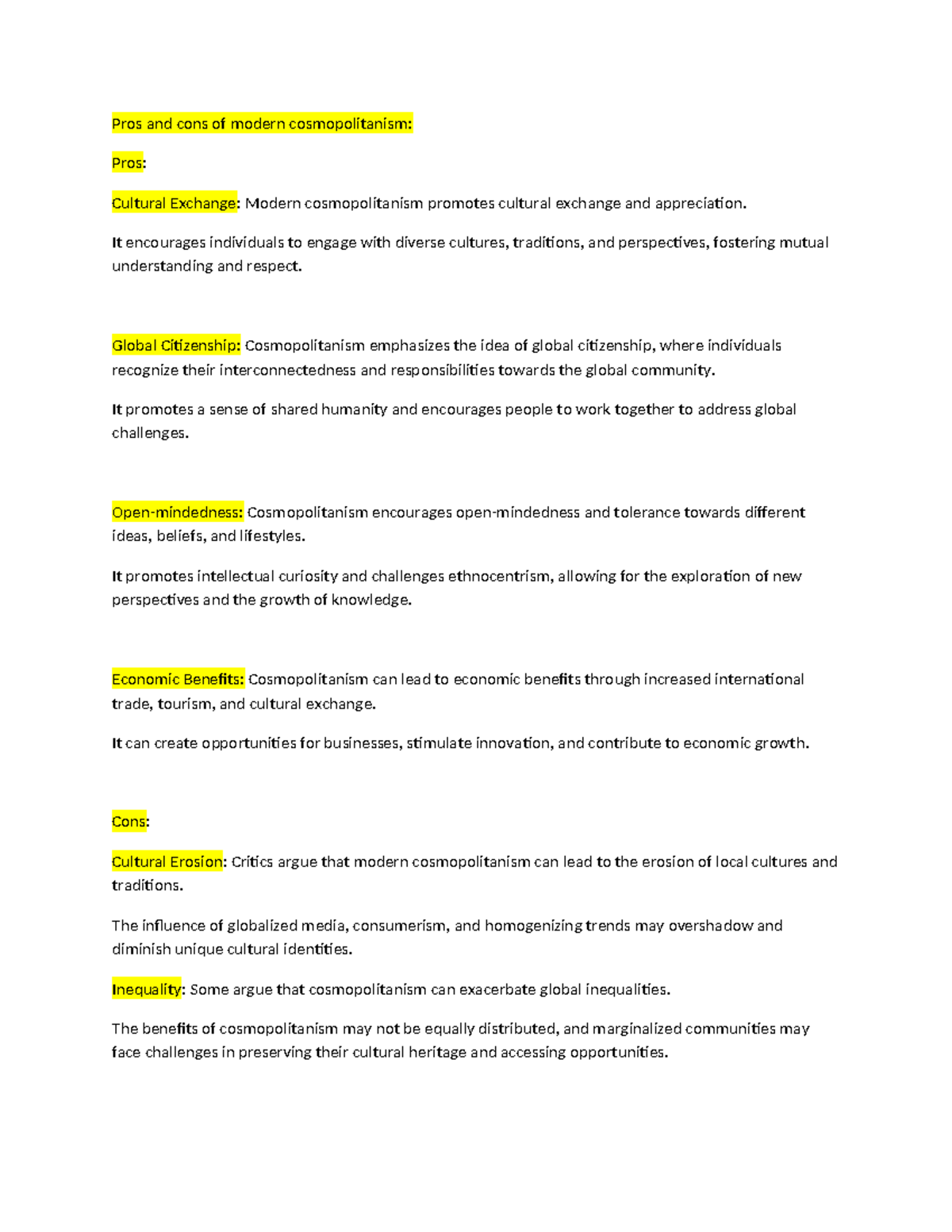 Sample (Pros and cons of modern cosmopolitan) - Pros and cons of modern ...