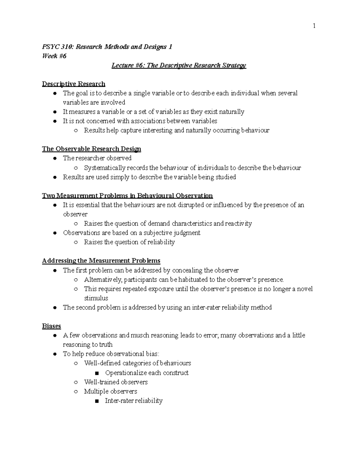 Lecture #6 - PSYC 310: Research Methods and Designs 1 Week # Lecture #6: The Descriptive ...
