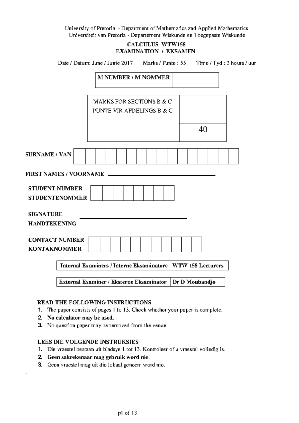 WTW 158 Exam 2017 - Exam memorandum - University of Pretoria ...